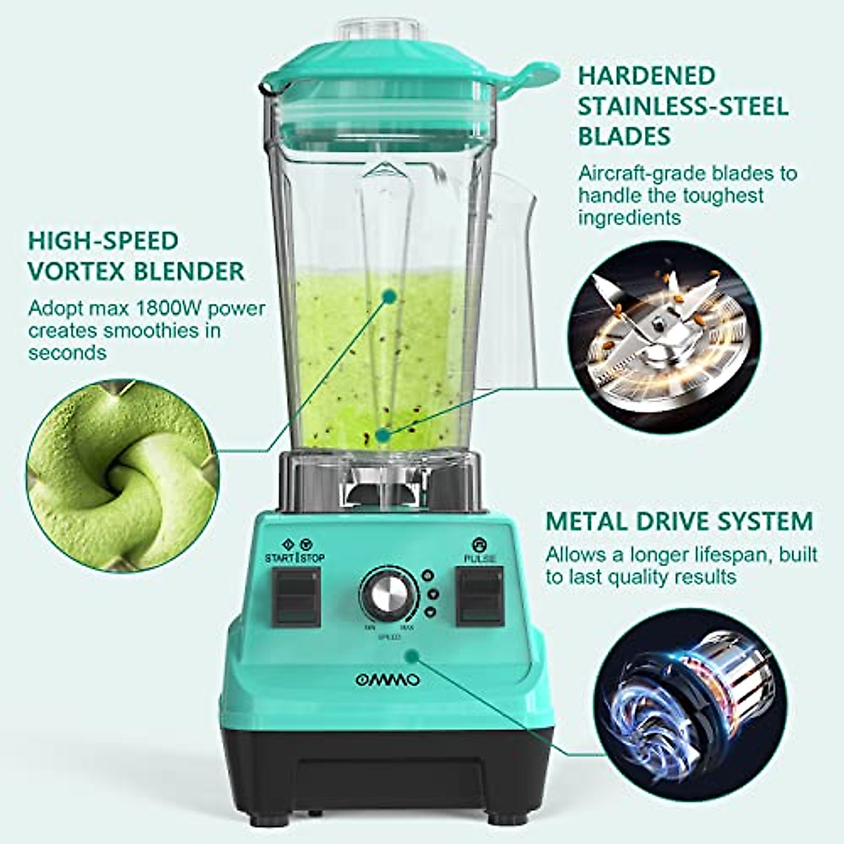 OMMO Blender 1800PW, Professional High Speed Countertop Blender with Durable Stainless Steel Blades, 60oz BPA Free Blender for Shakes and Smoothies, Nuts, Ice and Fruits, Dishwasher Safe (Blue)