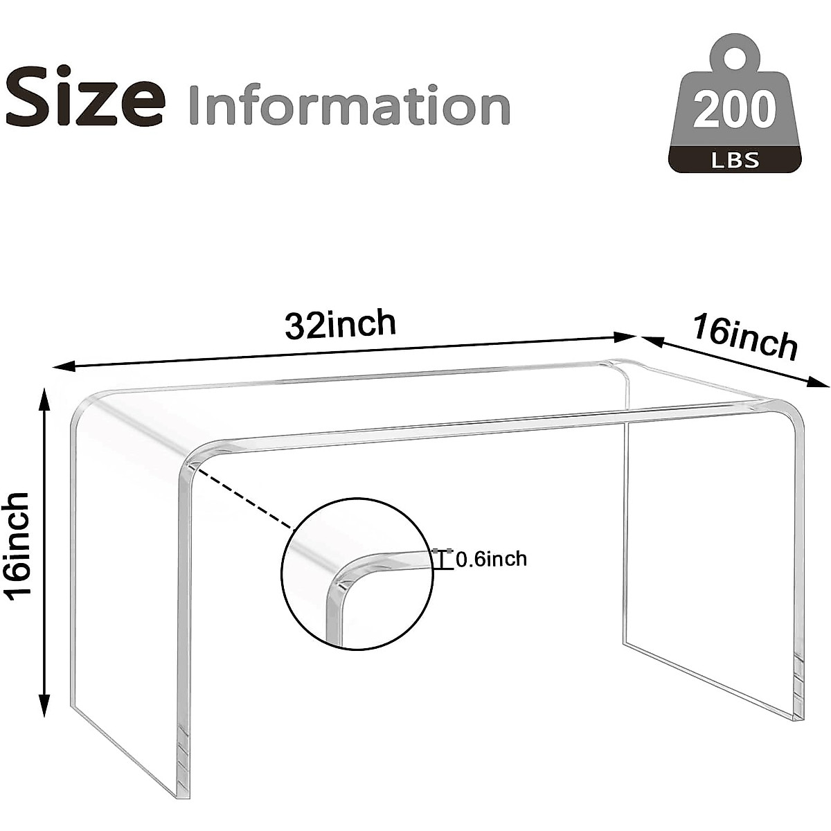 TPZLRN Acrylic Coffee Table, 32" L x 16" W x 16" H Clear Rectangle Coffee Table, Modern Waterfall Acrylic End Table Furniture for Living Room, Bedroom and Office, 0.6” Thick