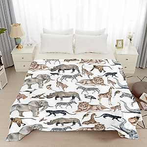 Animal Blanket Gifts for Boys Girls,Woodland Forest Animals Pattern Throws,Soft Plush Elephant Leopard Monkey Lion Hippo Print,Lightweight Quilts for Bed Sofa Decoration 60 x 50in for Teens