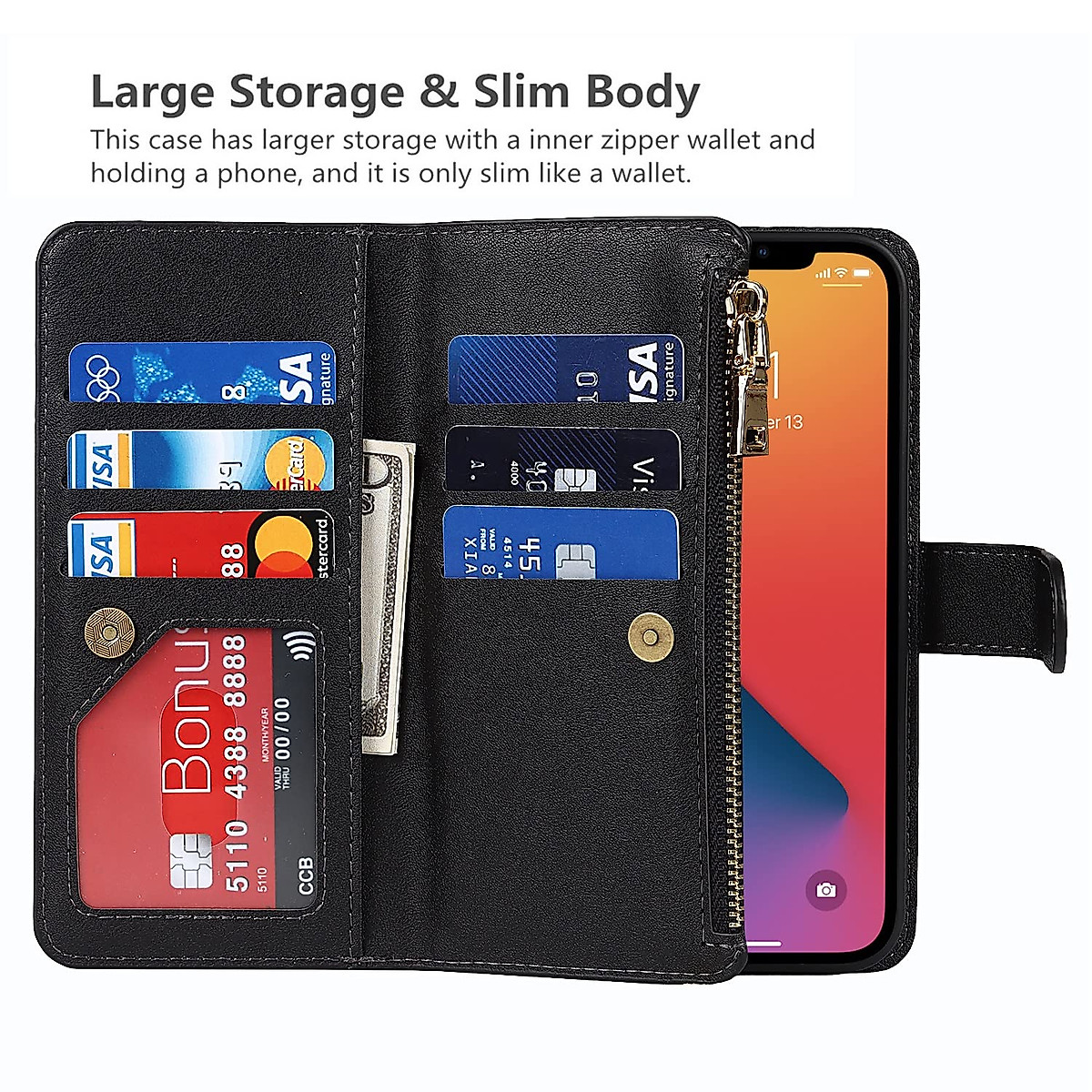 iCoverCase Crossbody Wallet Case for iPhone 12/12 Pro, Black PU Leather Flip Case with Strap, Card Holder, Kickstand, 6.1 Inch