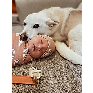 Miaoberry 100% Organic Cotton Muslin Baby Swaddle Blanket Set | Caramel Rainbow| Newborn Girl Unisex Neutral| Boho Vintage Rainbow Baby| Matching Hat Bow |