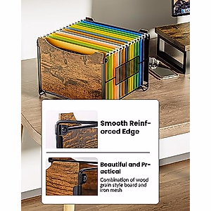 Oterri Hanging file box,Large Hanging File Organizer, Rustic Wood & Metal File Storage Organizer, Letter Size Hanging File Holder, Brown Filing Crate for Office&School (No Folders)