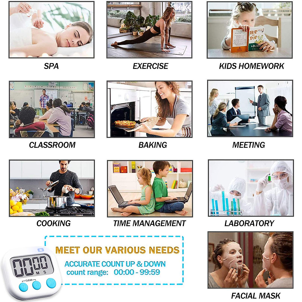 Timer for Kids Teachers Digital Kitchen Timers for Cooking Large Magnetic Classroom Timer 2Pack-White Blue