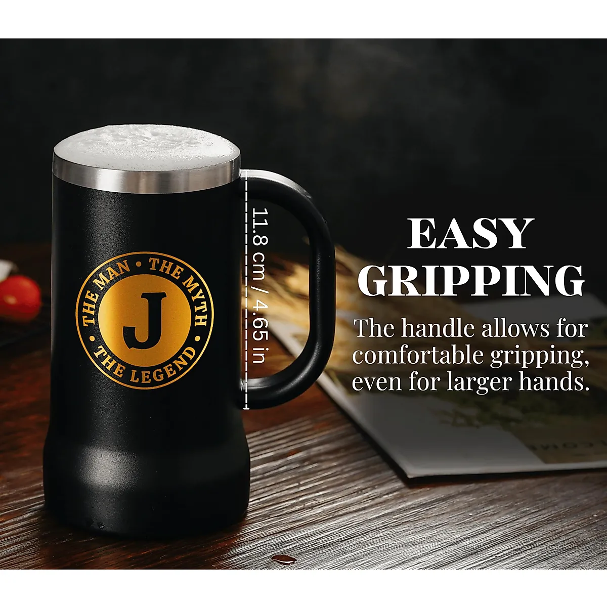 Onebttl Personalized Travel Mug with Handle, Beer Stein for Men, Funny Custom Alcohol Gifts for Beer Lovers, Unique Birthday Christmas Gifts for Him, the Man the Myth the Legend, D