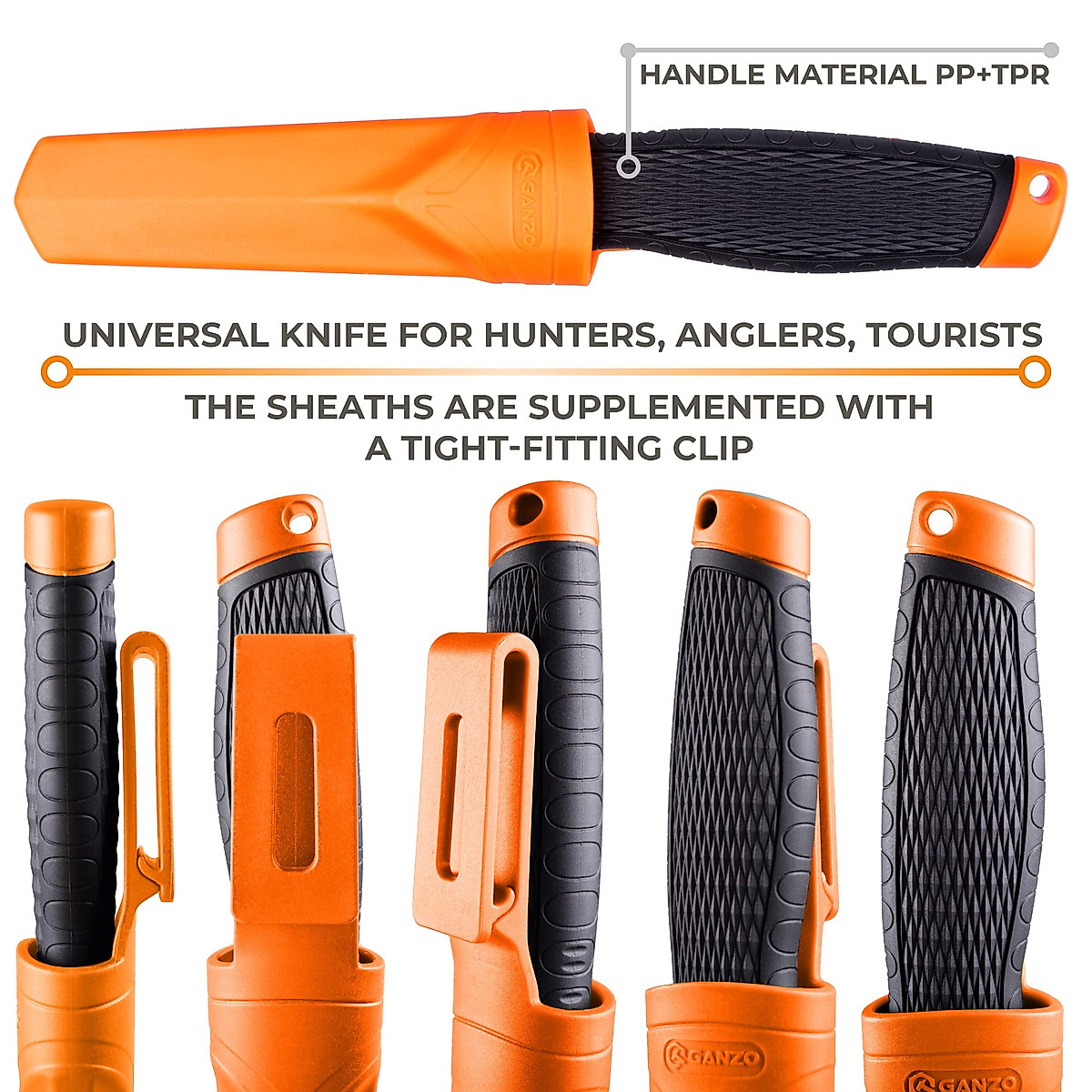 Ganzo G806-OR Fixed Blade Knife 8CR14 Stainless Steel Blade Ergonomic Anti-Slip Handle Camping Hunting Fishing Outdoor EDC Knife with Sheath (Orange)