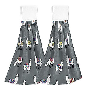 Qilmy Llama Hanging Kitchen Towel Set of 2, Absorbent Soft Hanging Tie Towel for Kitchen Bathroom Farmhouse Housewarming Home Decor 12 x 17 Inch