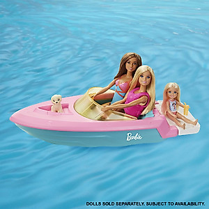 Barbie Toy Boat with Pet Puppy, Life Vest & Beverage Accessories, Fits 3 Dolls & Floats in Water