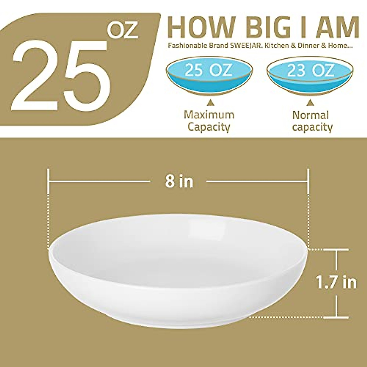 Sweejar Ceramic Pasta Bowls Set, 23 OZ for Salad, Soup, Cereal, Set of 6 (White)