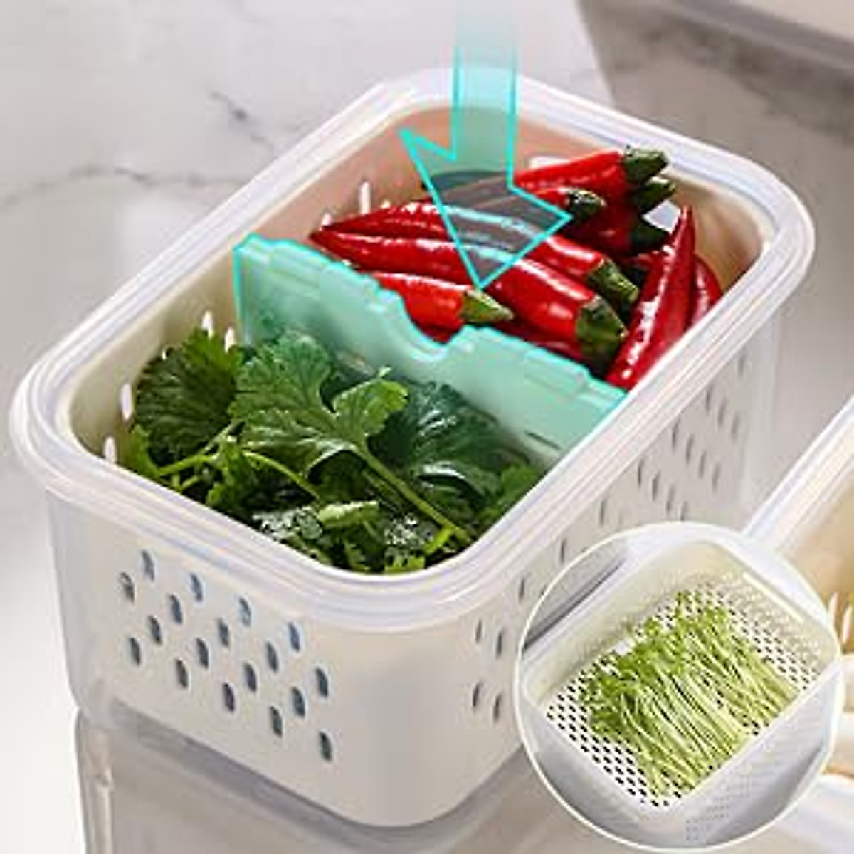 Upgraded Fresh Produce Vegetable Fruit Storage Containers,Fruit Containers for Fridge with Lid Vent Handle and Colander,Keep Berry Fruit Vegetable Food Meat Fresh Longer (3)