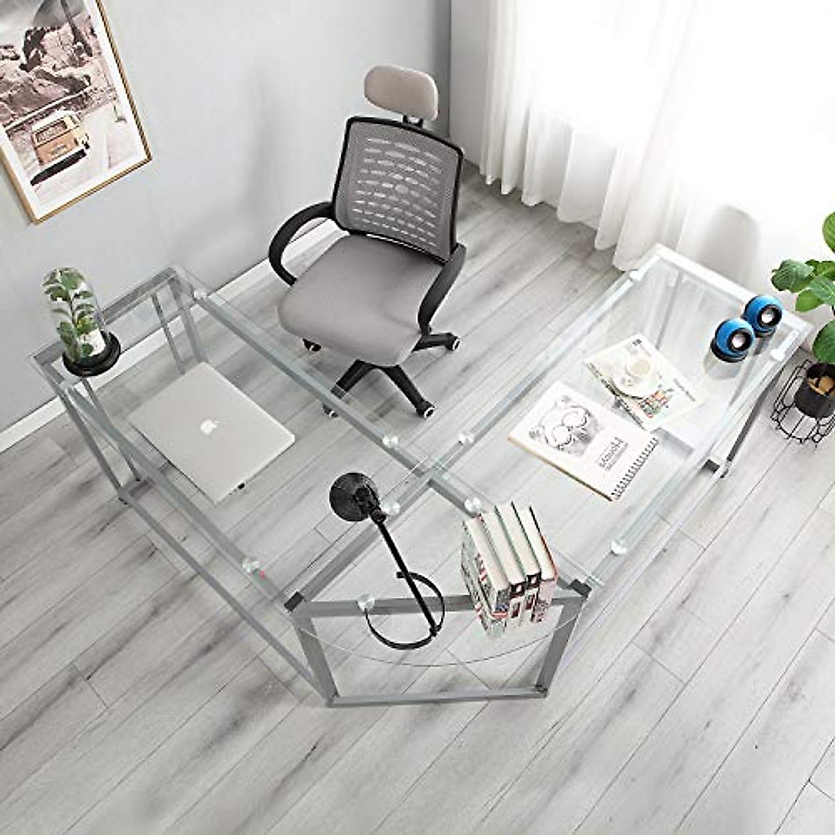 soges 59 inches L-Shaped Desk with Tempered Glass Computer Desk L Glass Table Corner Desk Computer Table,Clear UT-096