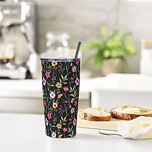 JASROTAO Beautiful Colorful Flowers Tumbler, Black Floral 20oz Stainless Steel Insulated Travel Tumbler,Travel Coffee Mug with Lid and Straw Cups Gifts for Women Men