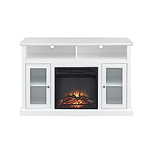 GOOD & GRACIOUS Modern Electric Fireplace TV Stand for 55 Inch TV Living Room Media Entertainment Center with Tempered Glass Storage Cabinet Wood Tall TV Console for Bedroom, 48 Inch,Painting White