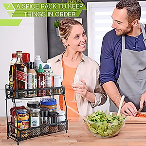 Spice Rack Organizer for Countertop, 2 Tier Metal Foldable Non-Slip Countertop Organizer, Countertop Spice Rack for Kitchen Bathroom Countertop(Black)