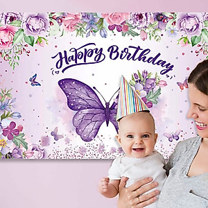 Butterfly Happy Birthday Backdrop, Purple Butterfly Decorations Banner for Girl Women Floral Butterfly Backdrop for Baby Shower Fairy Birthday Decorations, Spring Butterfly Birthday Party Supplies
