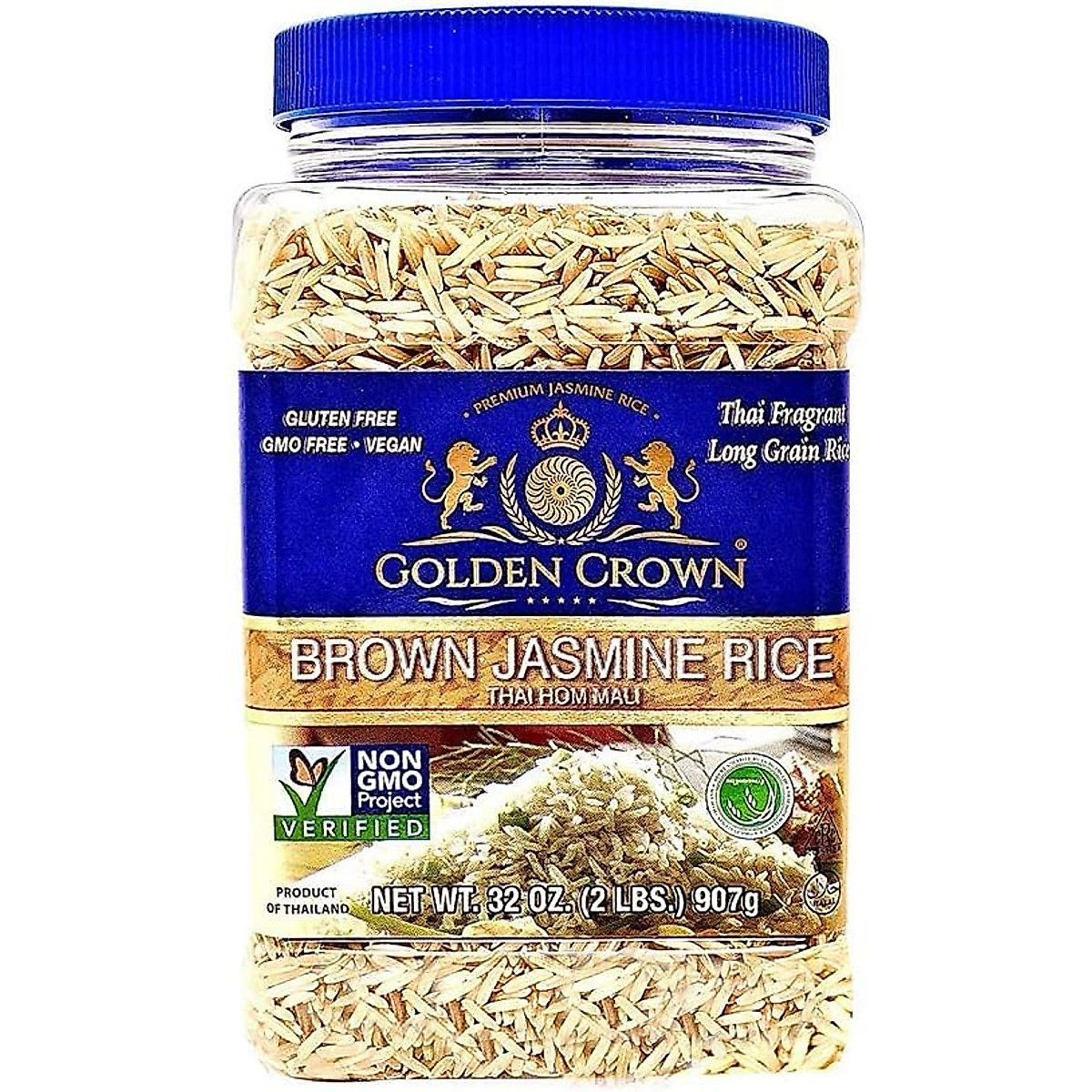 Golden Brown Jasmine Rice - Naturally Sourced Thai Fragrant Long Grain Gluten Free GMO free Vegan Kosher Halal Rice - 32OZ (2Lb)