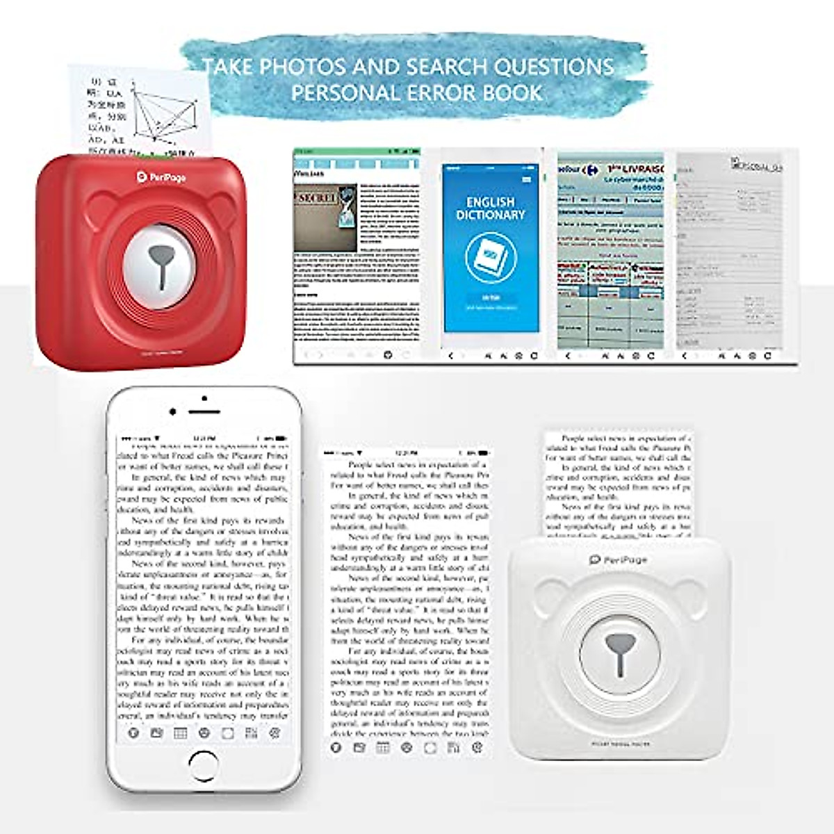 Portable Mini Mobile Phone Photo Memo Printer, 57mm Wireless Bluetooth Thermal Label Printer, Peripage A6 203dpi, Compatible with All Smart Phones, Plus 6 Rolls of Integrated Paper (Red)