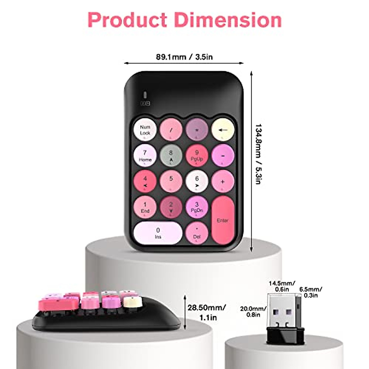 PINKCAT Wireless Number Pad, Cute 18 Keys Numeric Keypad with 2.4G Mini USB Receiver, Portable Silent Number Numpad Financial Accounting for Laptop, PC, Notebook, Desktop, Surface - Black Mix