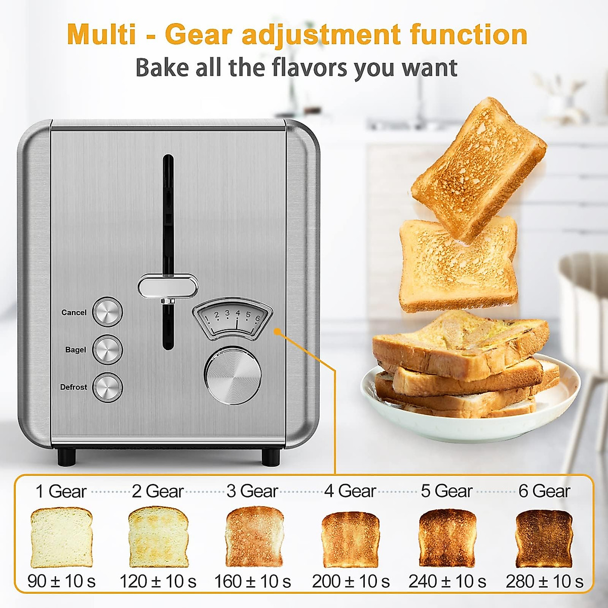 Toaster 2 slice, whall Stainless Steel Toasters with Bagel,Cancel,Defrost Function,Removable Crumb Tray,1.5in Wide Slot,6 Bread Shade Settings,for Various Bread Types (850W)