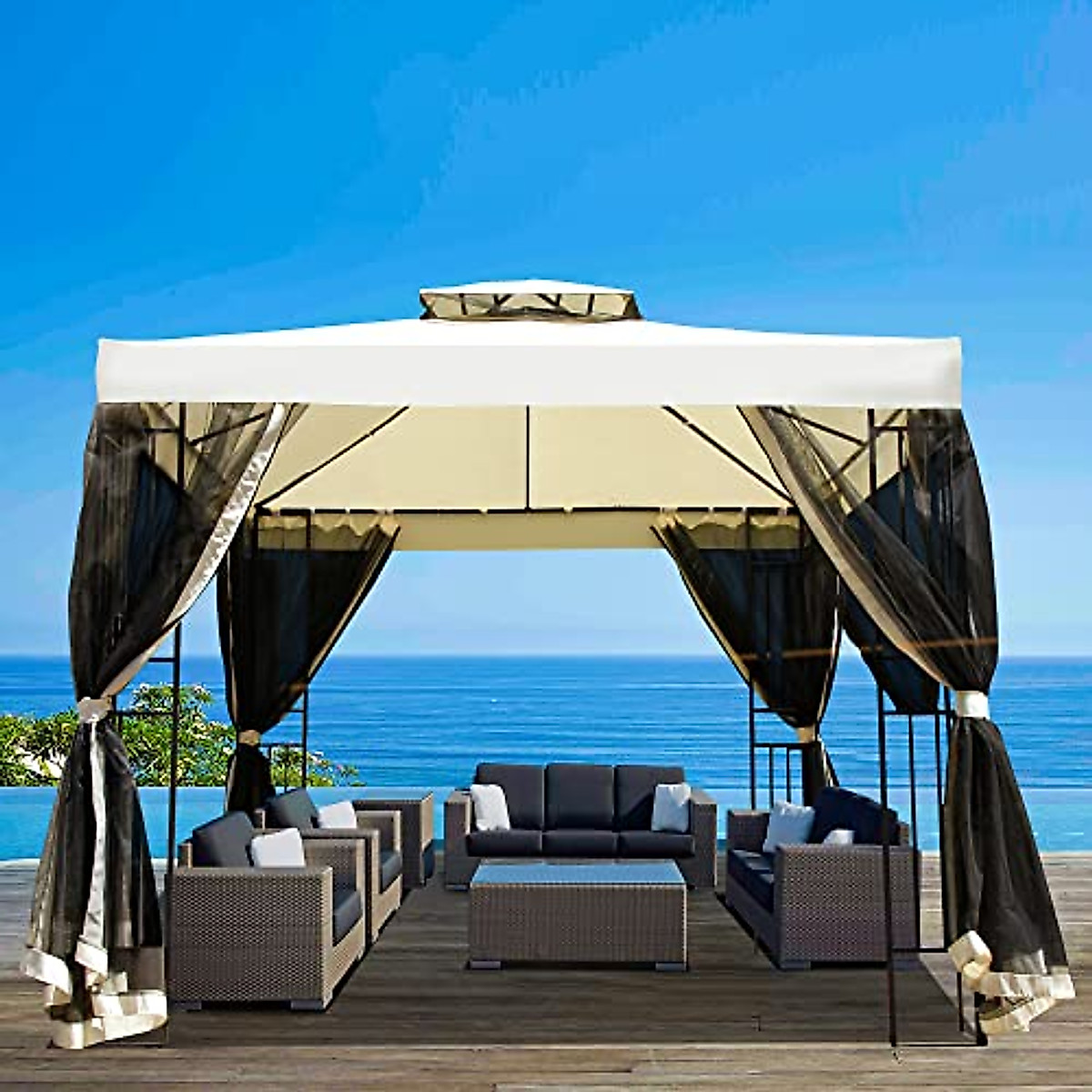 Tinkle Well 10x10FT Outdoor Gazebo Canopy with Mosquito Netting - Double Roof, High-Strength Steel Structure - Ideal for Party, Wedding, BBQ - Garden-Yard Canopy Tent, Beige