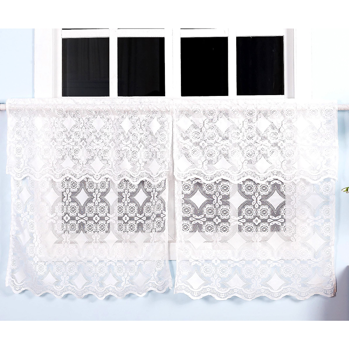 Molaxhome Lace Curtains 29 x 36 inch, 2 Pack White Kitchen Tiers Sheer Rod Pocket Voile for Small Bathroom Window Treatment (29 x 36 inch, White)