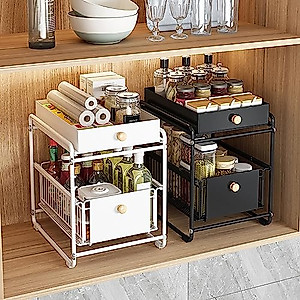 RIAAJ Kitchen Sink Shelf 2 Tier Under The Sink Organizer Sliding Countertop Organizer Slide Out Cabinet Drawer Organizer, Spice Rack Metal Basket Home Shelf for Bathroom Kitchen Sink Organizer, #2