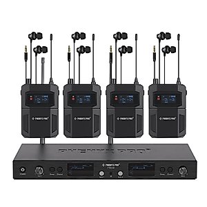 Phenyx Pro UHF Wireless in Ear Monitor System, Mono 2-Channel IEM, Metal Stage Monitor w/ 2x50 Frequencies, 164ft Long Coverage, Rack Mount Kit,for Studio/Band (4 Bodypacks)
