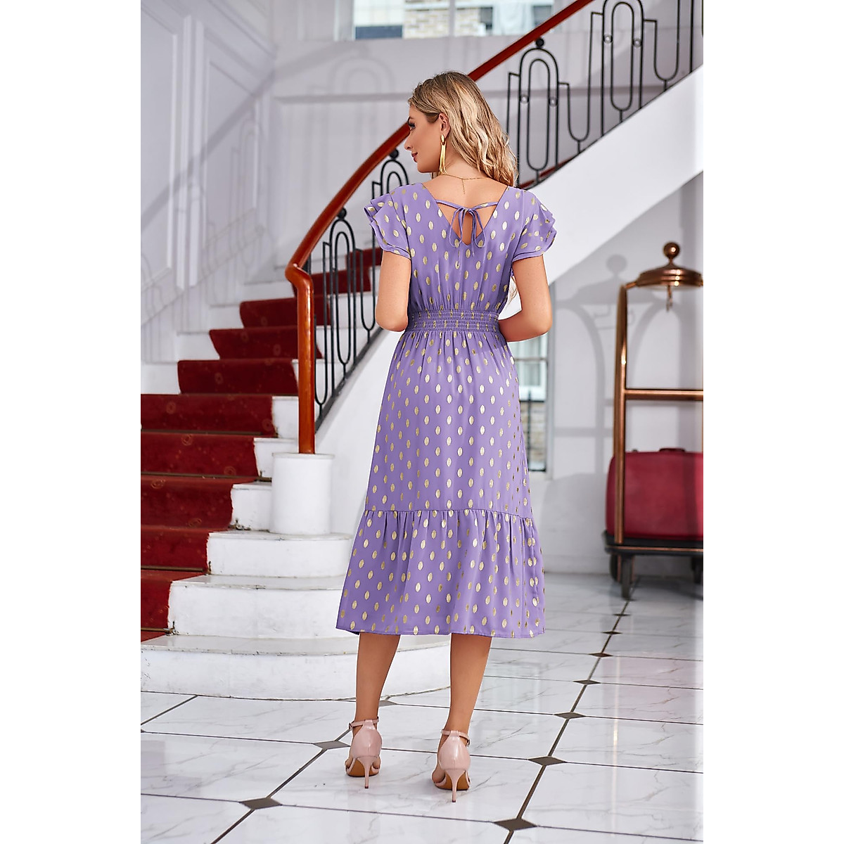 Lavender Dress for Women Gold Dots 2023 Summer Midi Dress V Neck Ruffle Sleeve A-Line Swing Flowy Tiered Cocktail Dresses L