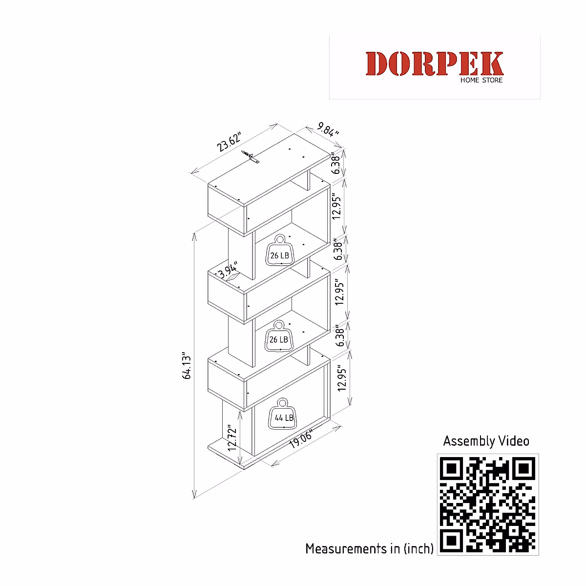DORPEK Balance Bookcase 6-Tier S-Shaped Bookshelf, Freestanding Wooden Bookcase, Modern Decorative Storage Display Shelf for Living Room & Bedroom, White