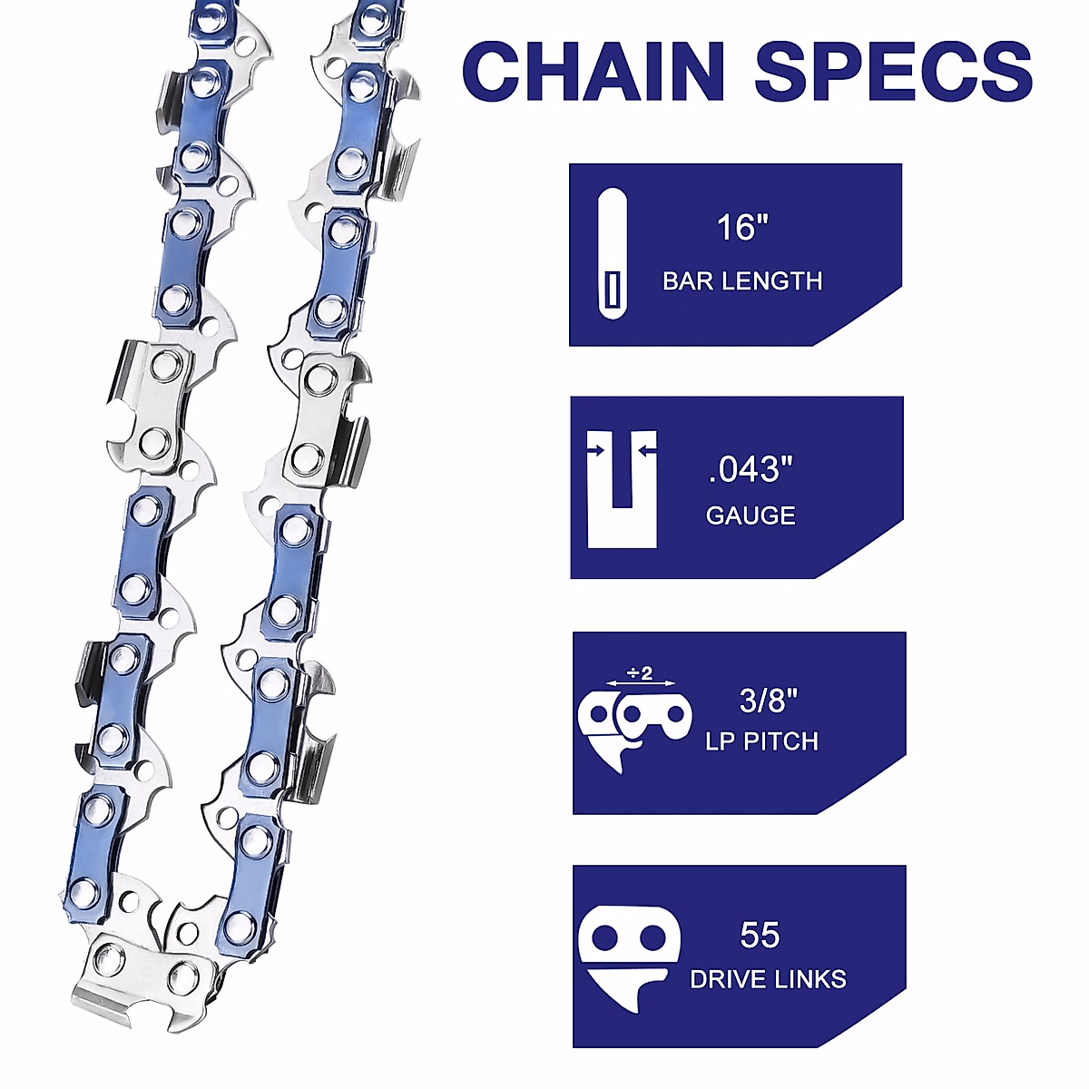 4 Pack 16 Inch Chainsaw Chain for Stihl MS 170, MS 180 C - 3/8" LP Pitch, 043'' Gauge, 55 Drive Links