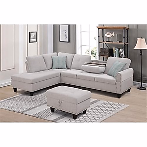Devion Furniture Polyester Fabric Sectional Sofa with Lift-top Storage Ottoman, Tufted Design, in Light Gray Finish