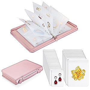 SKYREH Jewelry Travel Organizer Case, PU Leather Portable Jewelry Storage Book with Transparent Pockets Zipper Bag for Necklaces, Earrings, Bracelets (48 Grids + 48 Thicken PVC Bags), Rose Gold