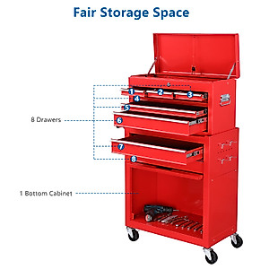 TUFFIOM 8-Drawer Rolling Tool Chest w/Lock & Key, Tool Storage Cabinet w/Wheels, Detachable Top, Drawers & Side Hooks, Mechanic Tool Organizer Box for Garage Warehouse Repair Shop, Red