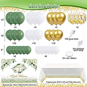 Winrayk Baptism Decorations for Boys Girls First Communion Decorations Mi Bautizo Christening, Sage Green Balloons Arch & God Bless Backdrop Tablecloth, Kids Adult Confirmation Decorations Supplies