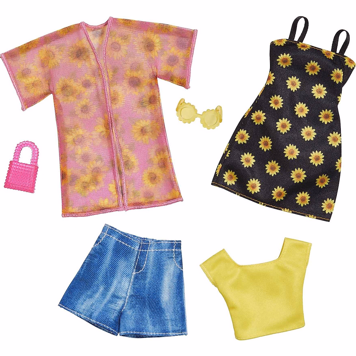 Barbie Fashions 2-Pack Clothing Set, 2 Outfits Doll Include Shirt, Shorts & Kimono, Sleeveless Sunflower Dress & 2 Accessories