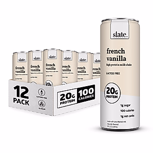 Slate Milk - High Protein Milk Shake - French Vanilla - Lactose Free, 20g Protein, 1g Sugar, 100 Calories, 1g Net Carbs, No Added Sugar - Natural, Breakfast Boost, Post Workout - 11 fl oz, 12 Cans