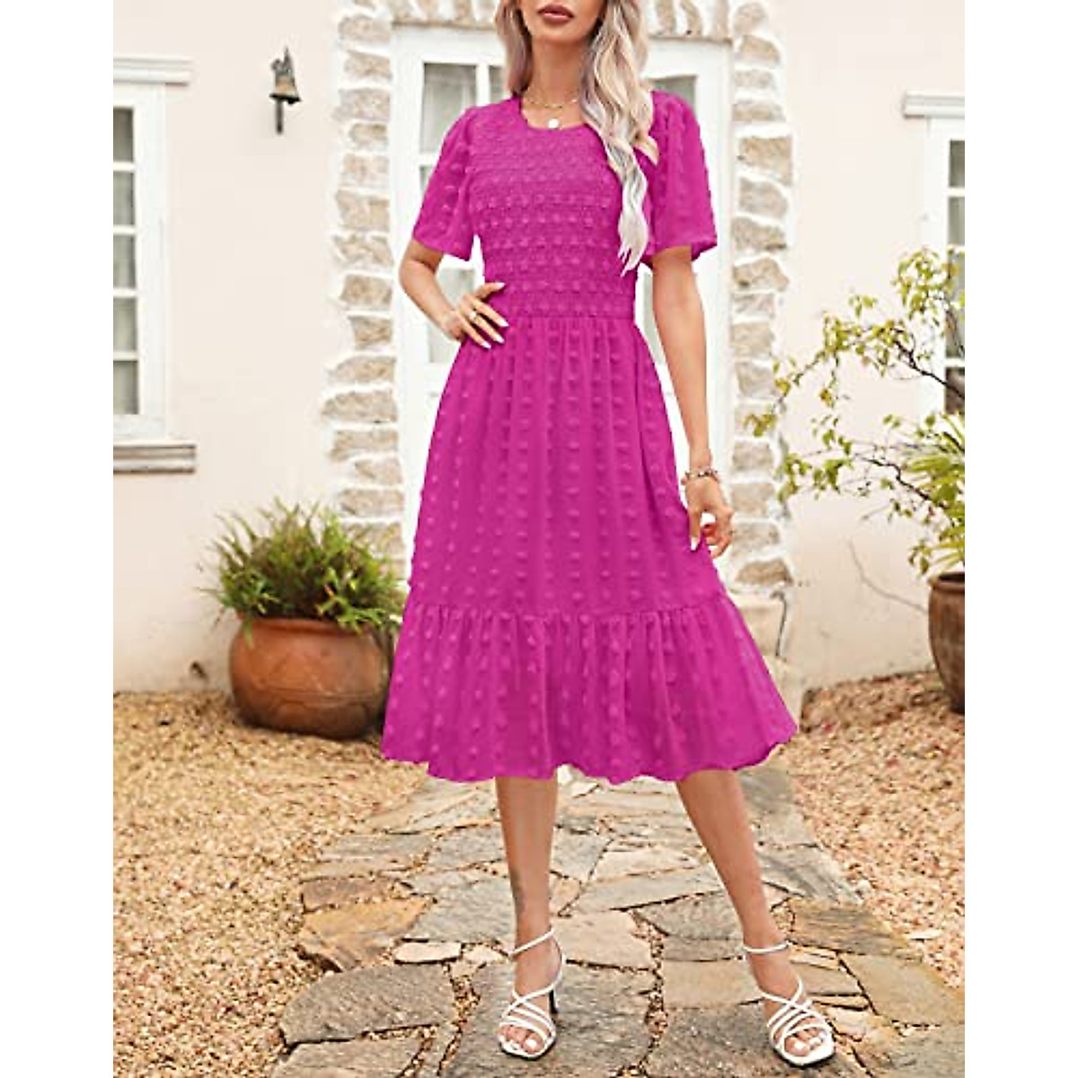 Kranda 2023 Women Summer Casual Short Sleeve Solid Midi Dress Round Neck Flutter Sleeve Smocked Ruffle Swing Flowy Swiss Dot Hot Pink Dress XL