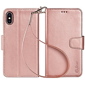 Arae Case for iPhone X/Xs, Premium PU Leather Wallet Case [Wrist Straps] Flip Folio [Kickstand Feature] with ID&Credit Card Pockets for iPhone X (2017) / Xs (2018) 5.8 inch Rose Gold