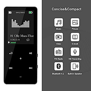 MP3 Player with Bluetooth 40GB Portable Music Player for Walking Running with Earphone Built-in Speaker for Walking Jogging Touch Buttons Design Support FM Radio Voice Recorder E-Book