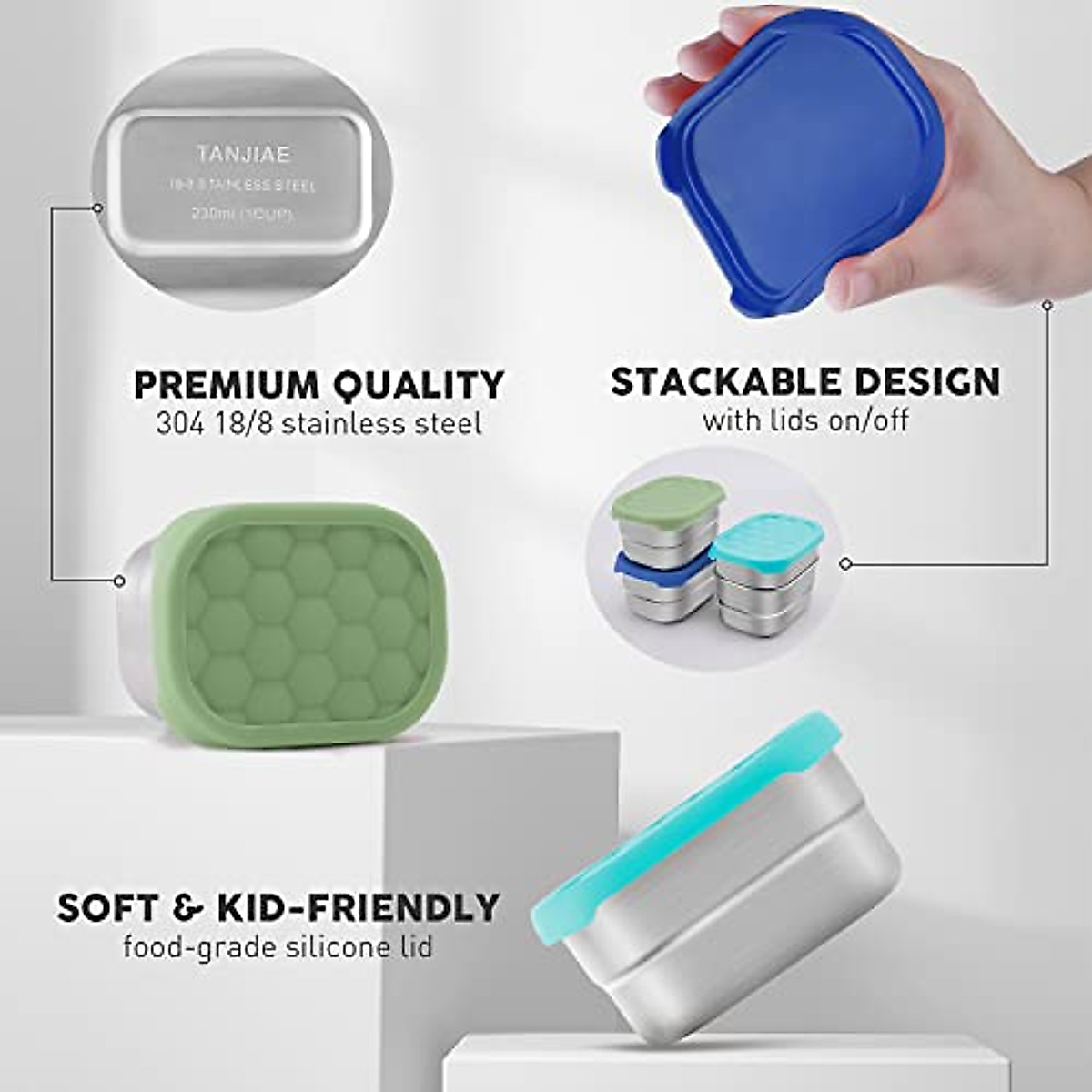 Tanjiae Stainless Steel Snack Containers for Kids | Easy Open Leak Proof Small Food Containers with Silicone Lids - Perfect Metal Toddler Lunch Box for Daycare and School (8oz)