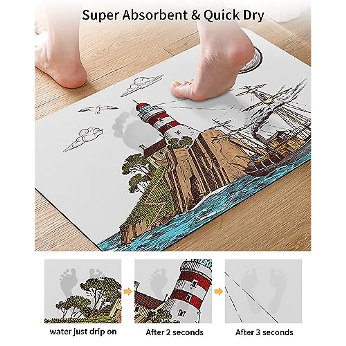 Light-house Bath Mat for Tub,Non Slip Bathroom Floor Runner Rug Quick Dry & Absorbent Diatomaceous Earth Shower Sink Kitchen Living Room Washable Doormat,Retro Sailboat Ocean Coastal Nautical 16"x24"