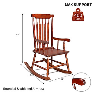 VINGLI Solid Wooden Rocking Chair, Outdoor Rocking Chair with Higher Backrest, Patio Rocker with Comfortable Seat, All Weather Rocking Chair for Garden, Yard, Balcony, Brown