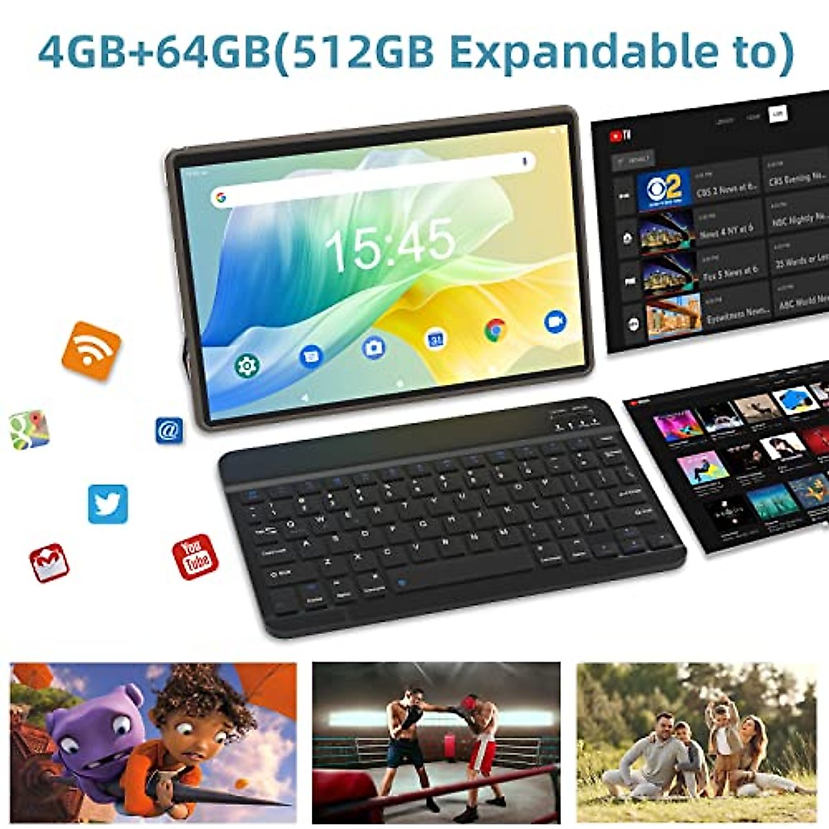 2 in 1 Tablet, 10 inch Android 11 Tablet with Keyboard 4GB+64GB+512GB Expandable Dual Camera, IPS Touch Screen Tablet Computer, WiFi, Bluetooth, Long Battery Life, Google Certified Tablet PC, Black