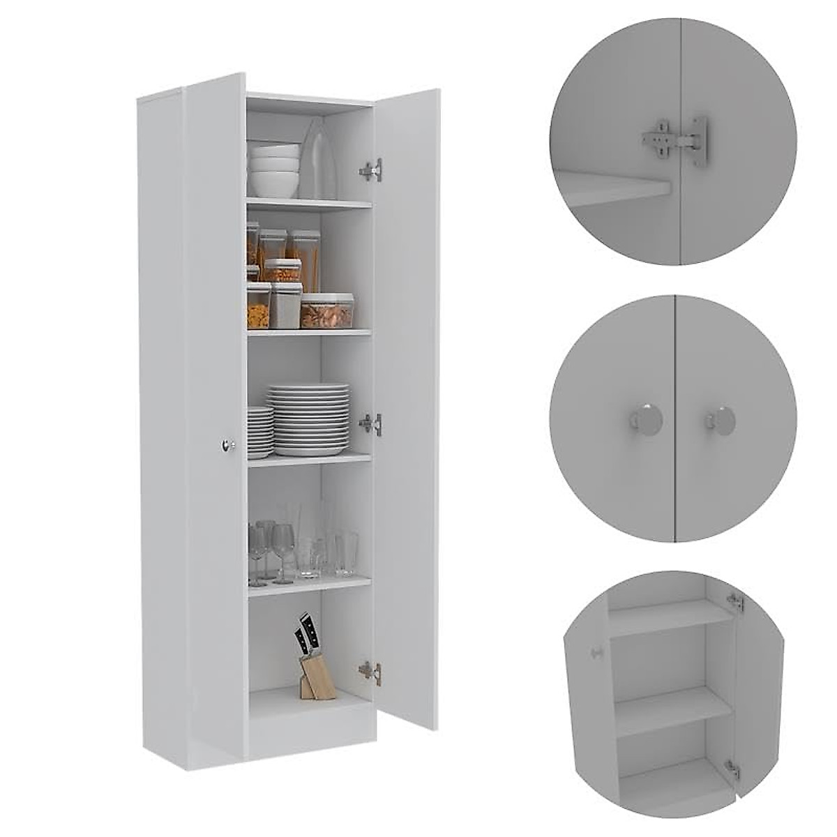 Levan Home Contemporary Kitchen Tall Utility Storage Pantry Cabinet in White & Light Oak with Metal Handles