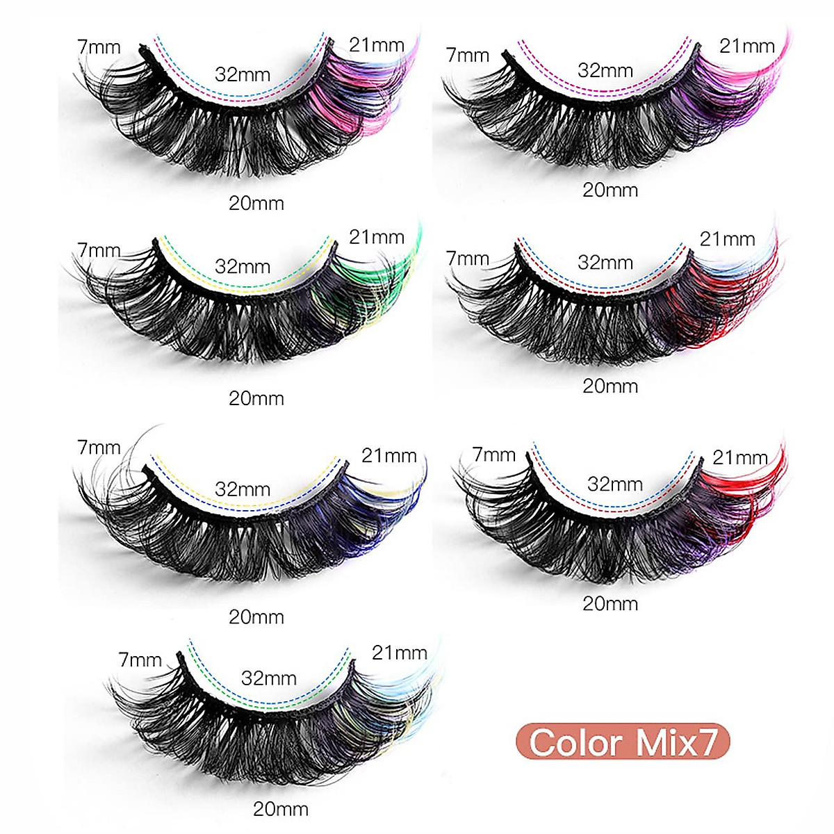Colored Eyelashes Mink Lashes With Color on End, Fluffy Colorful Lash Clusters, Dramatic Long Thick Cat Fox Eye Lashes Full Curly False Eyelash, 3d D Curl Salon Extensions Strip Pack 7 Pairs