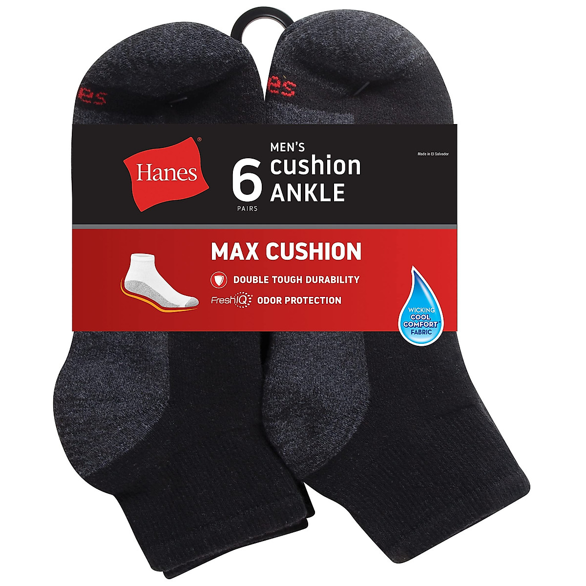 Hanes mens Hanes Men's Socks, 6-pair Pack Max Cushion Ankle, Black/Grey, Size 6-12
