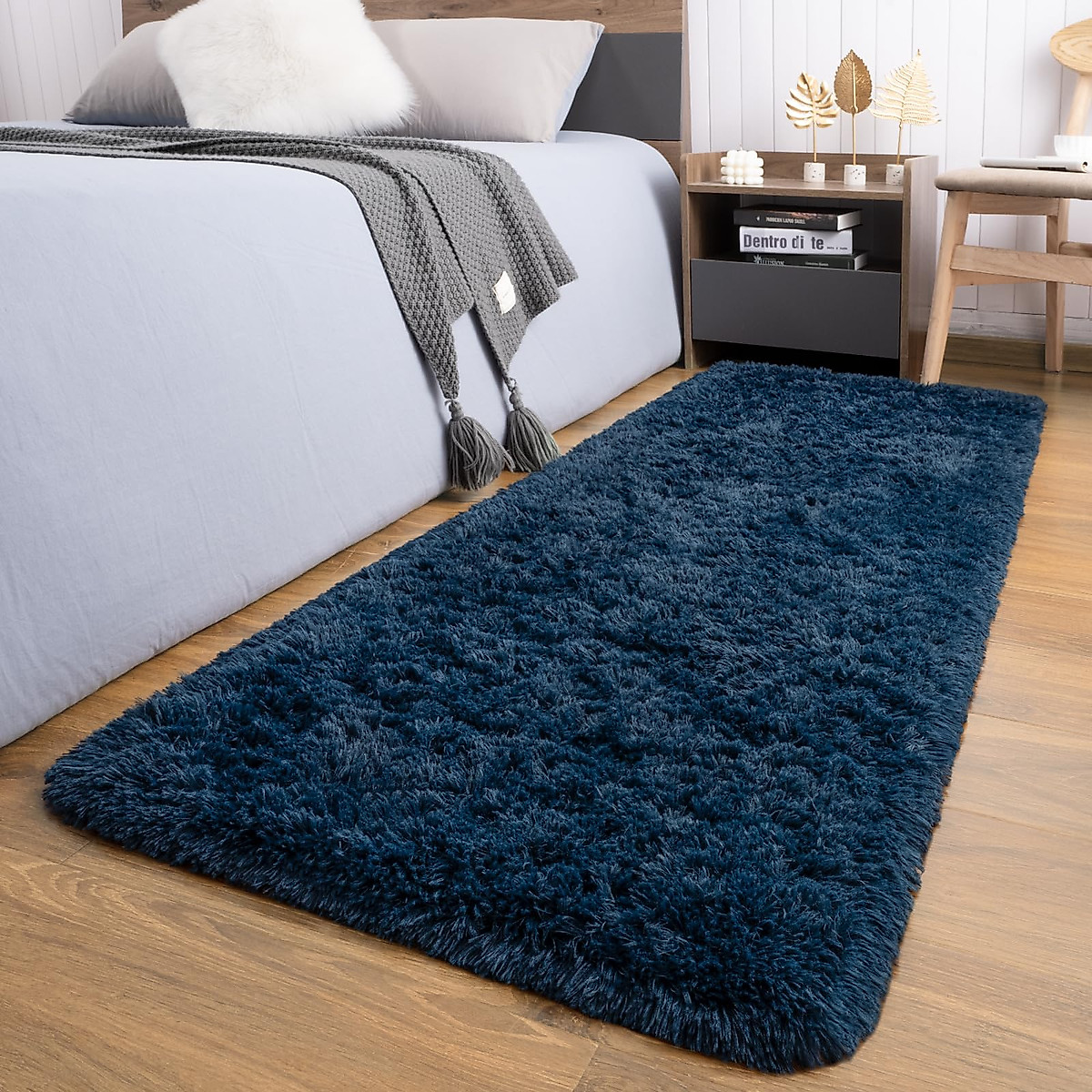Maxsoft Soft Shaggy Runner Rug for Bedroom, 2x6 Feet Indoor Modern Fluffy Area Rugs Fuzzy Carpet for Hallway Bedside, Upgrade Non-Slip Shag Plush Rug for Dorm Living Room, Navy Blue