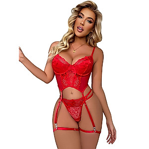 WDIRARA Women's 3 Piece Floral Lace Underwire Garter Lingerie Bra and Thong Set Red M