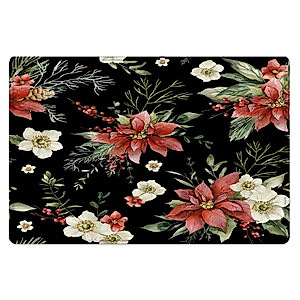 LB Red Floral Bath Mat Christmas Poinsettia on Black Area Rug for Bathroom Rustic Flower with Green Leaf Doormat Non Slip Memory Foam Super Absorbent Floor Mats,24Wx16H Inch