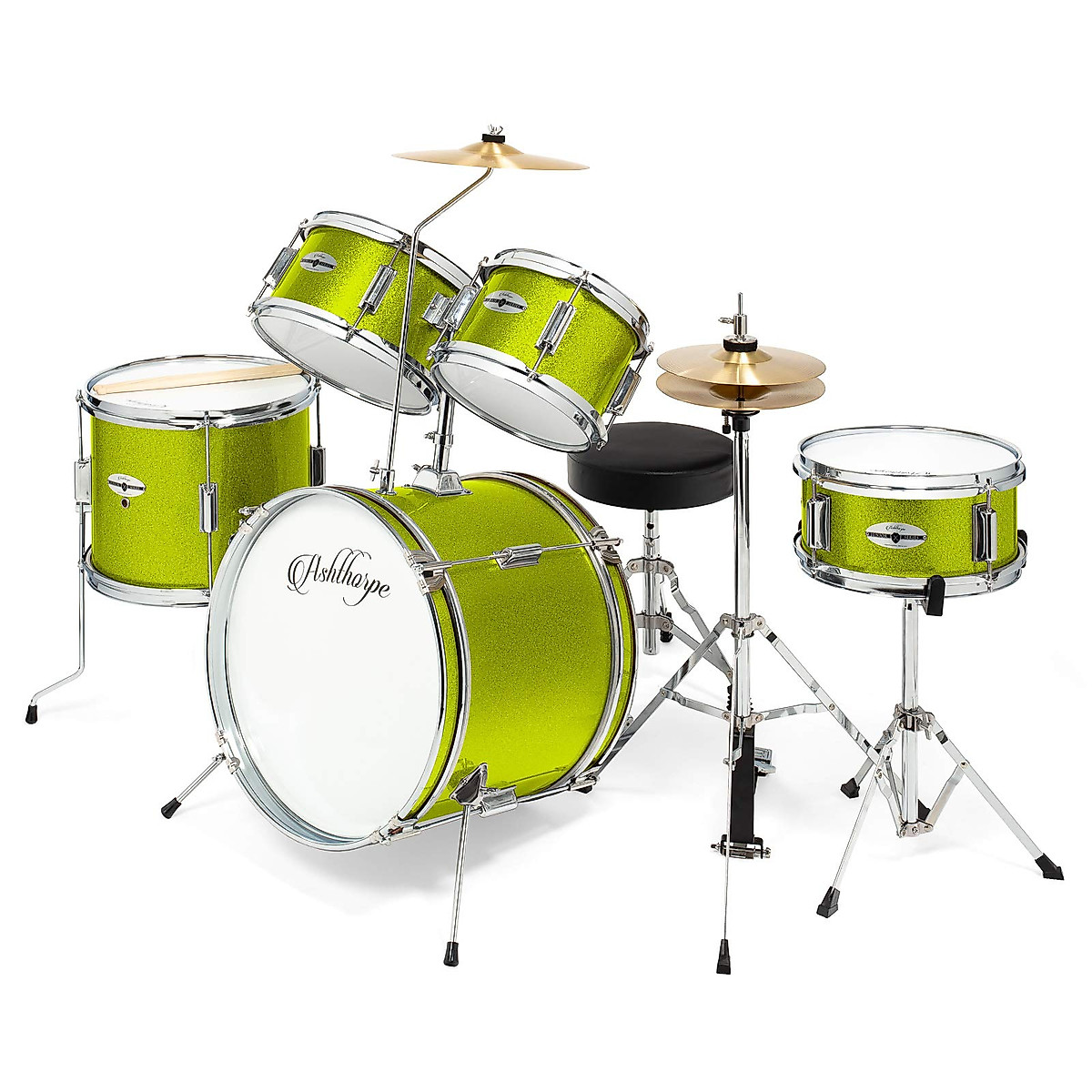 Ashthorpe 5-Piece Complete Junior Drum Set with Genuine Brass Cymbals - Advanced Beginner Kit with 16" Bass, Adjustable Throne, Cymbals, Hi-Hats, Pedals & Drumsticks - Green