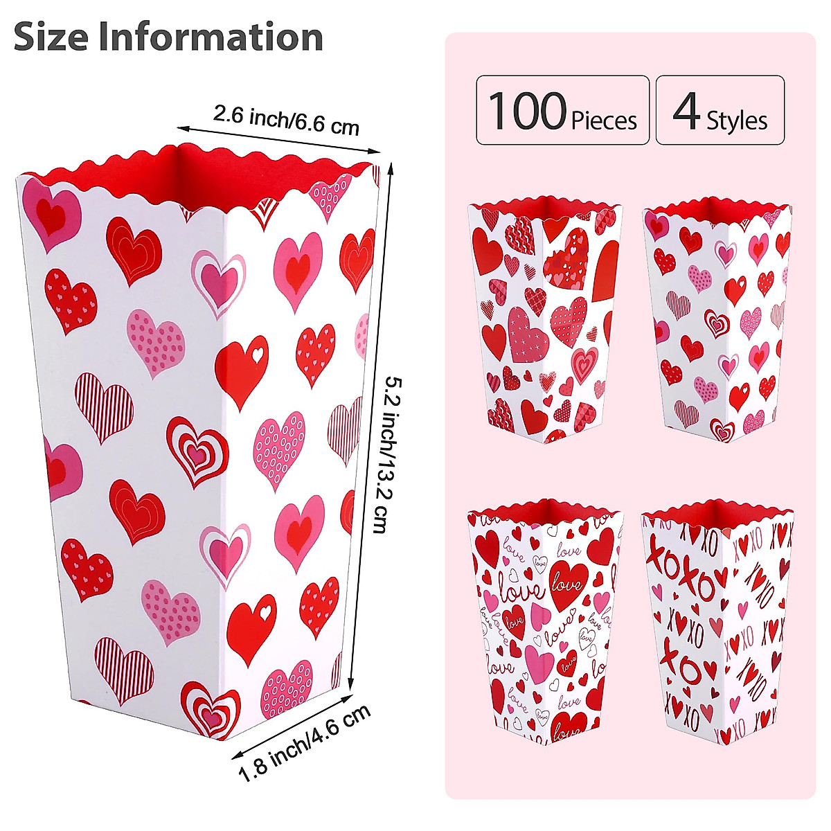 MIMIND 100 Pieces Valentine's Day Popcorn Boxes Love Heart Conversation Treat Candy Goodie Boxes Cardboard Popcorn Container for Valentine Wedding Birthday Party Supplies, 4 Designs